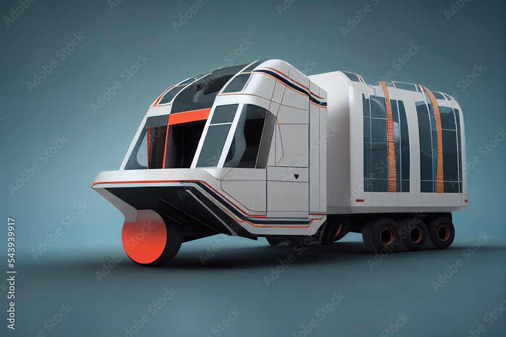 Futuristic truck with trailer scene with wireframe intersection (3D ...
