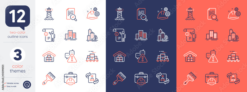 Set of Manual doc, Wholesale goods and Skyscraper buildings line icons. Include Buildings ...