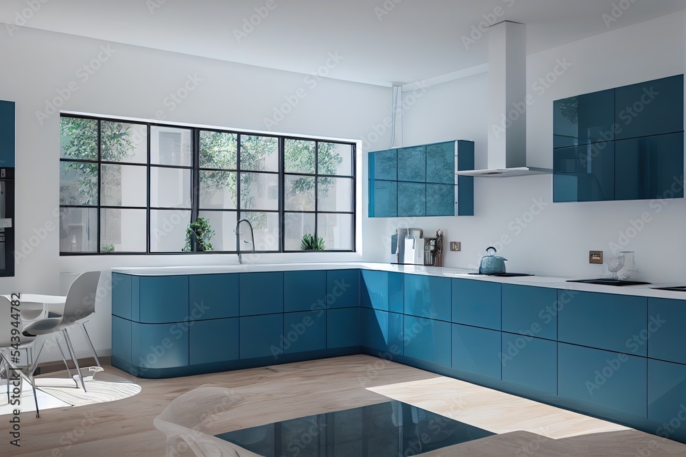 Modern blue kitchen interior with furniture,kitchen interior with white ...