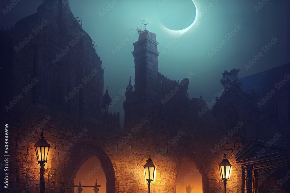 Dark scene with an old gothic gate with lanterns and stone gargoyles at ...