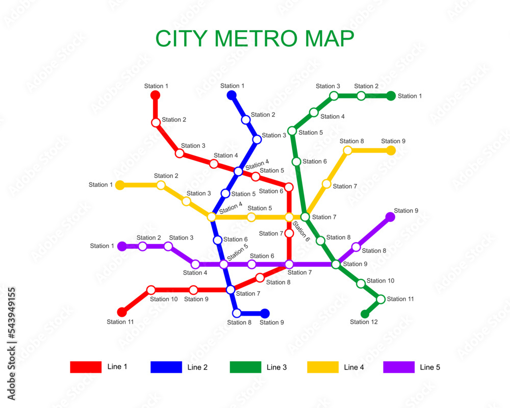 City metro map template. Subway plan with 5 colored way lines with ...