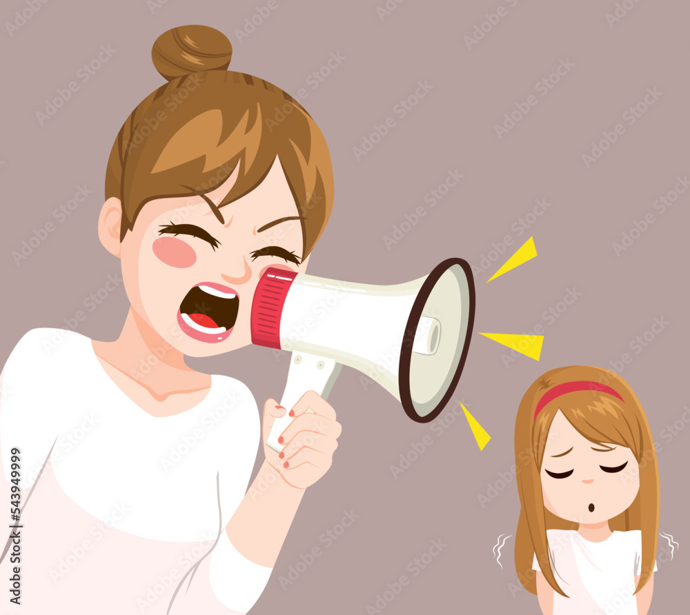 Vector illustration of angry mother yelling at stressed daughter. Sad ...