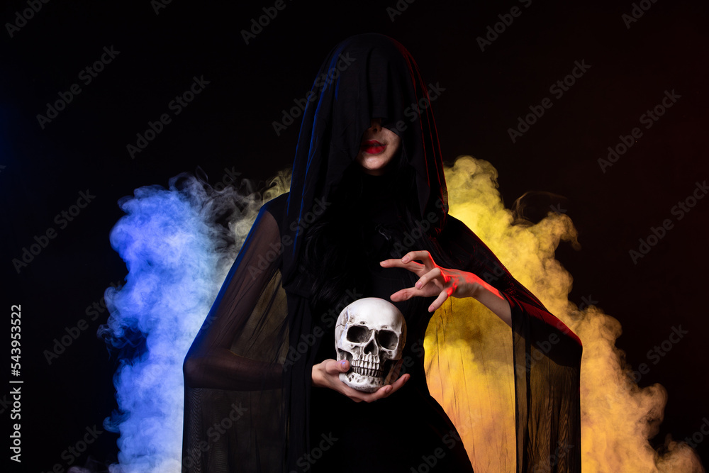 Old Witch costume woman craft spell horror magic on Horror night with ...