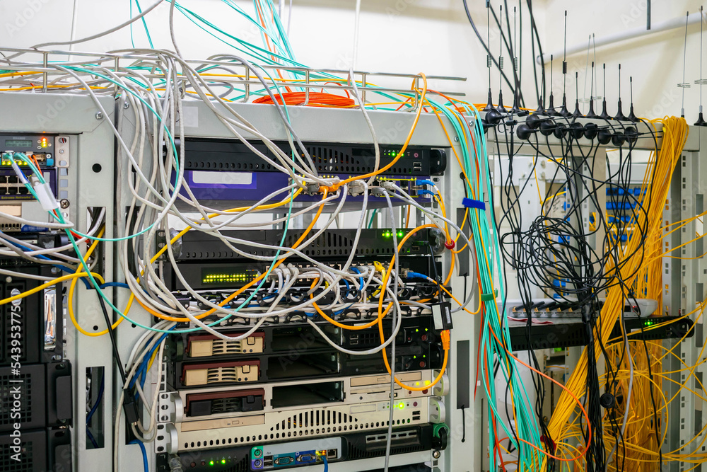 There are many communication cables in the server room of the data ...