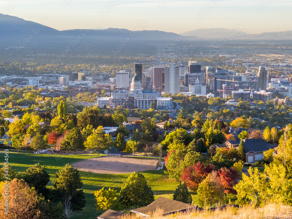 Salt Lake City view from Ensign Peak on October morning Stock Photo ...