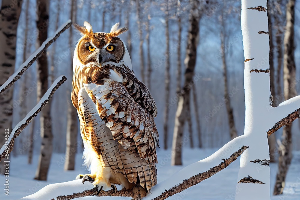 Siberian Eagle Owl, Bubo bubo sibiricus, sitting in the birch tree with ...