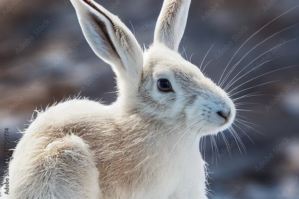 White hare (Lepus timidus). Hare sits on the snow in the tundra. Closeup animal portrait. Eye to ...