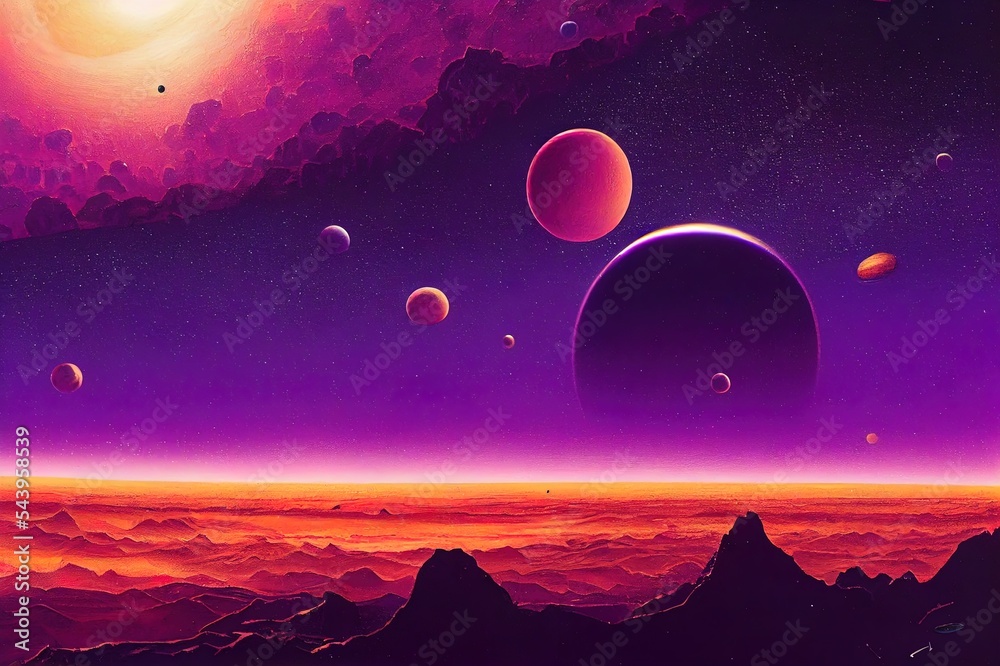 Mars purple space landscape with large planets on purple starry sky ...