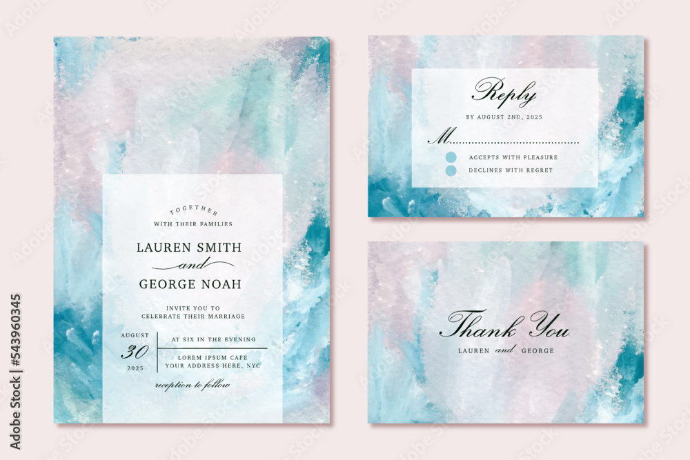wedding invitation set with soft pink blue abstract background Stock ...