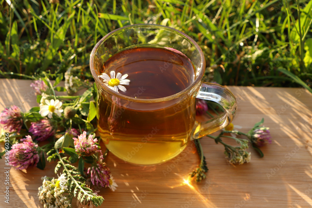 Cup of aromatic herbal tea and different wildflowers on green grass ...