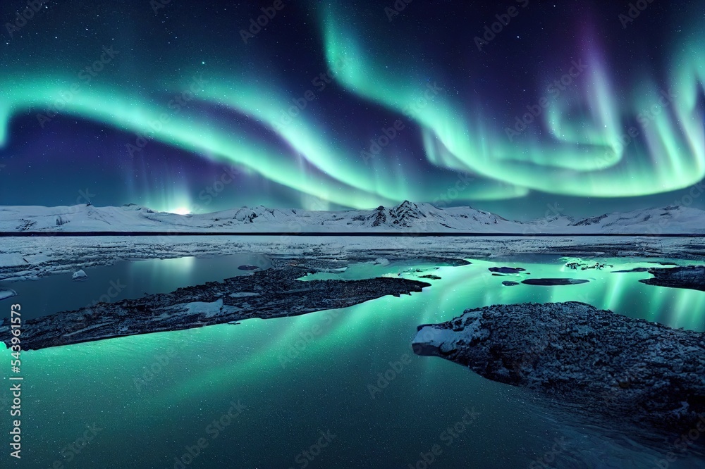 Glacial lagoon in Iceland under aurora. Night sky with polar lights ...