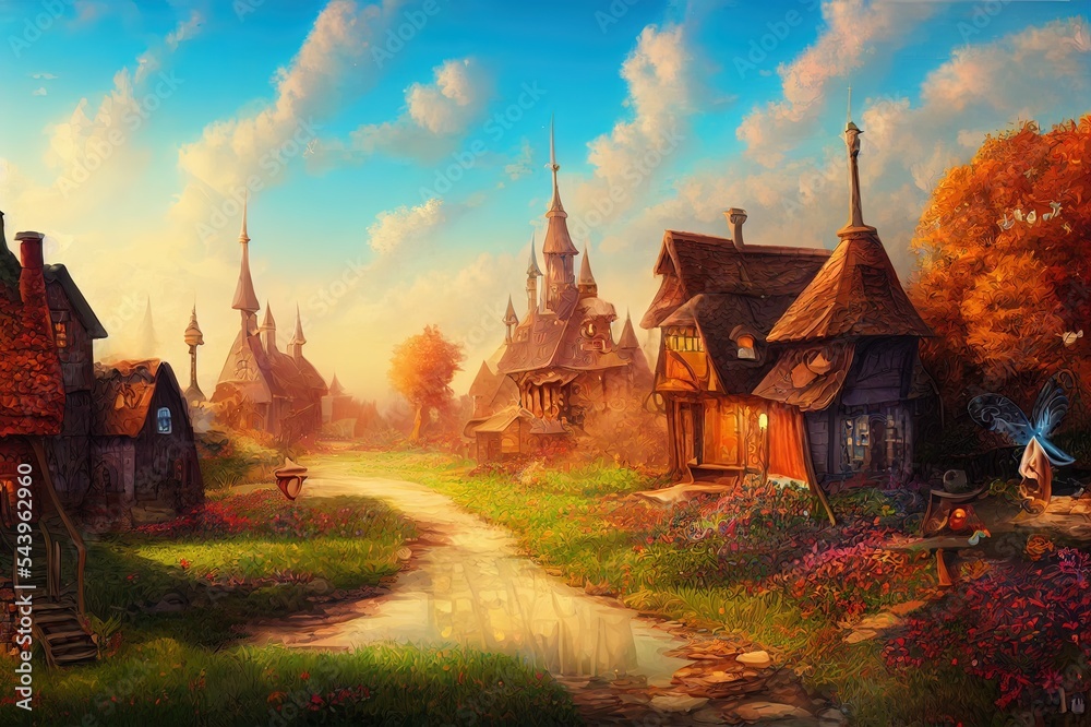 Magic world with fairy tale characters. Cartoon fantasy background ...