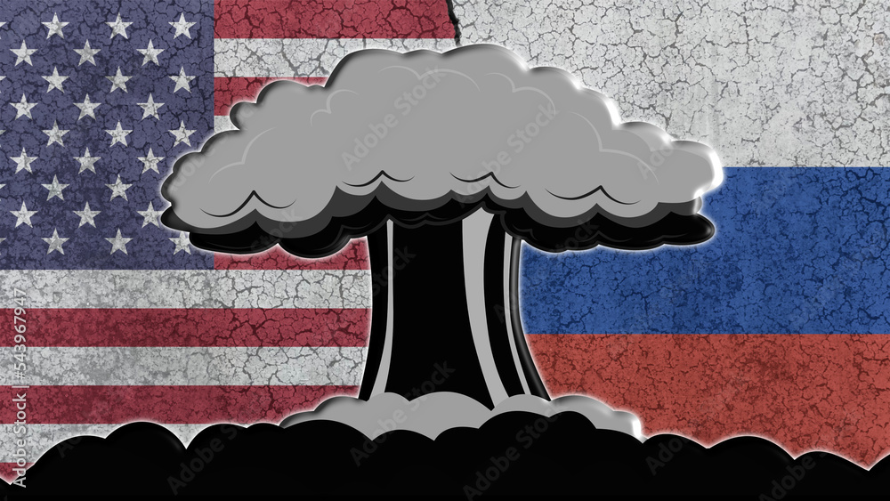 Russia vs USA, the flags of the two countries on a wall, in the middle ...