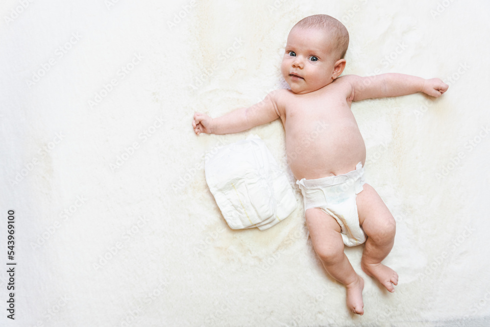 Diaper girl newborn baby banner. Child care white background. Happy ...