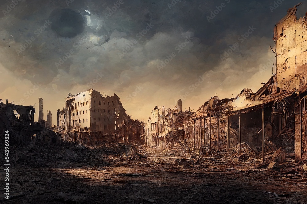 Destroyed cities after bombing raid, ruins, destroyed building, dust ...