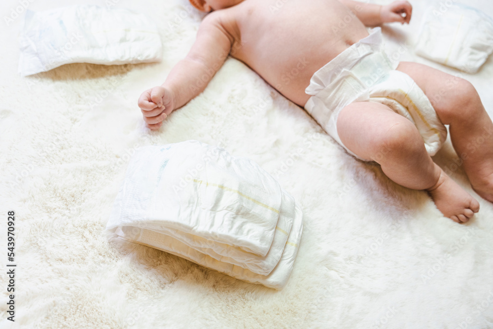 Diaper girl newborn baby banner. Child care white background. Happy ...