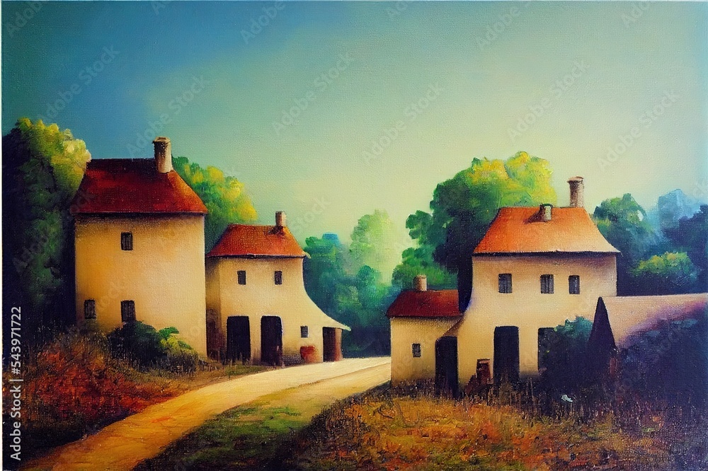 Oil painting on canvas of a beautiful houses near, abstract drawing ...