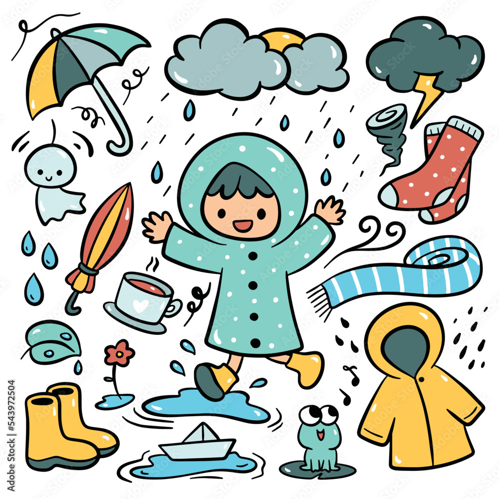 cartoon little girl playing under the rain in sketchy hand drawn style ...