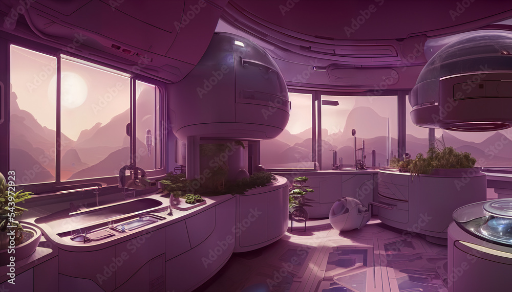 sci-fi kitchen, futuristic room looking out to an alien landscape Stock ...