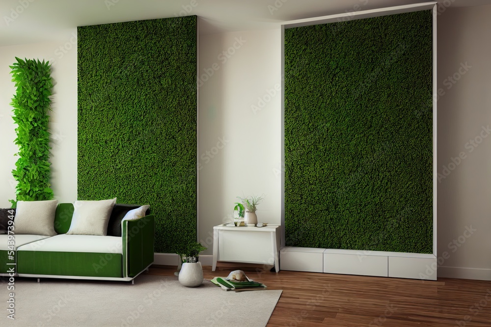 Vertical Green Wall in a living room interior, 3d render Stock ...