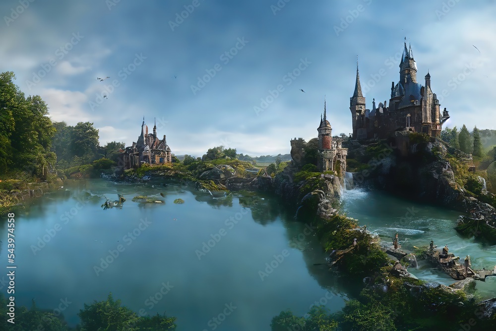 Water Kingdom Ornate Castle in the middle with a bridge Stock ...