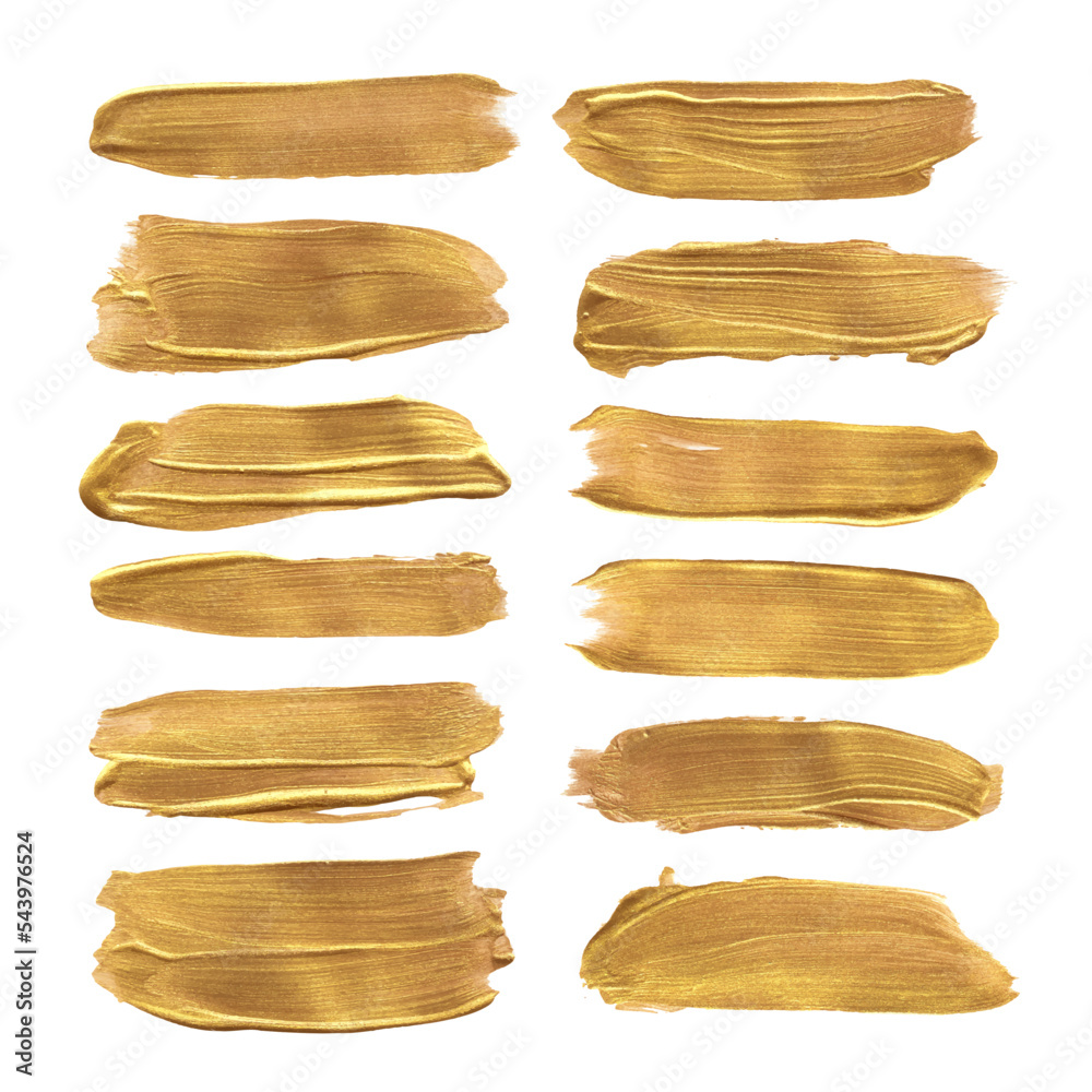 Golden paint. Realistic gold brush smudges. Yellow metallic smears on ...
