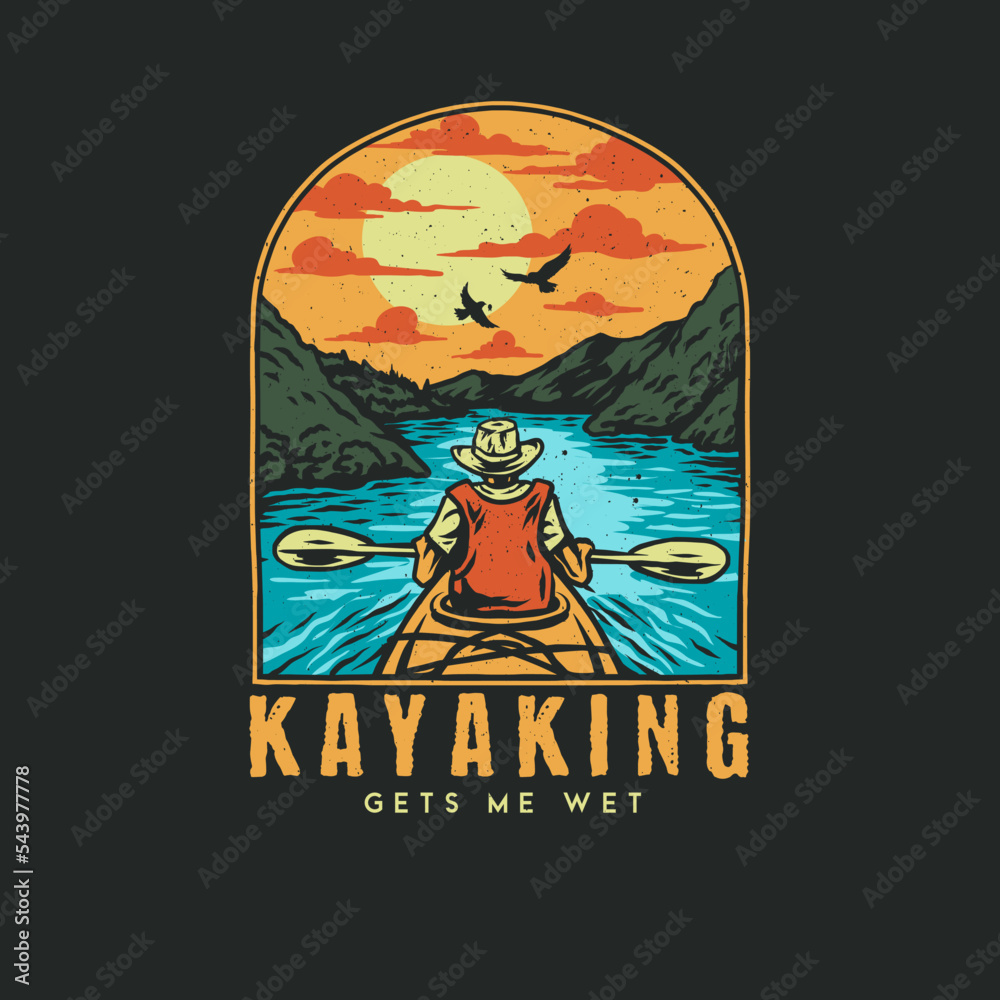 Kayaking graphic design, hand drawn line style with digital color ...