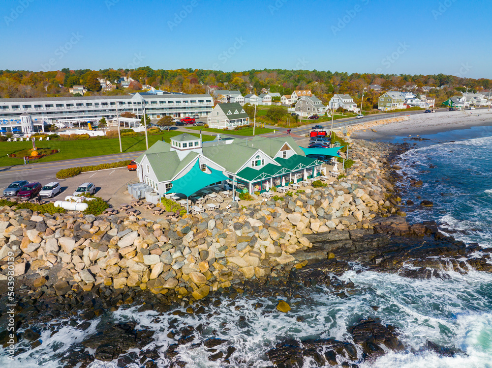 Long Sands Beach aerial view in fall in village of York Beach in town ...