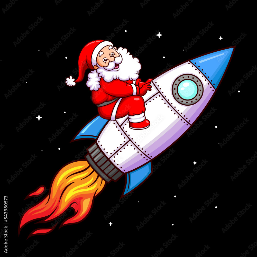 The happy santa claus is flying and rounding the space with the turbo ...
