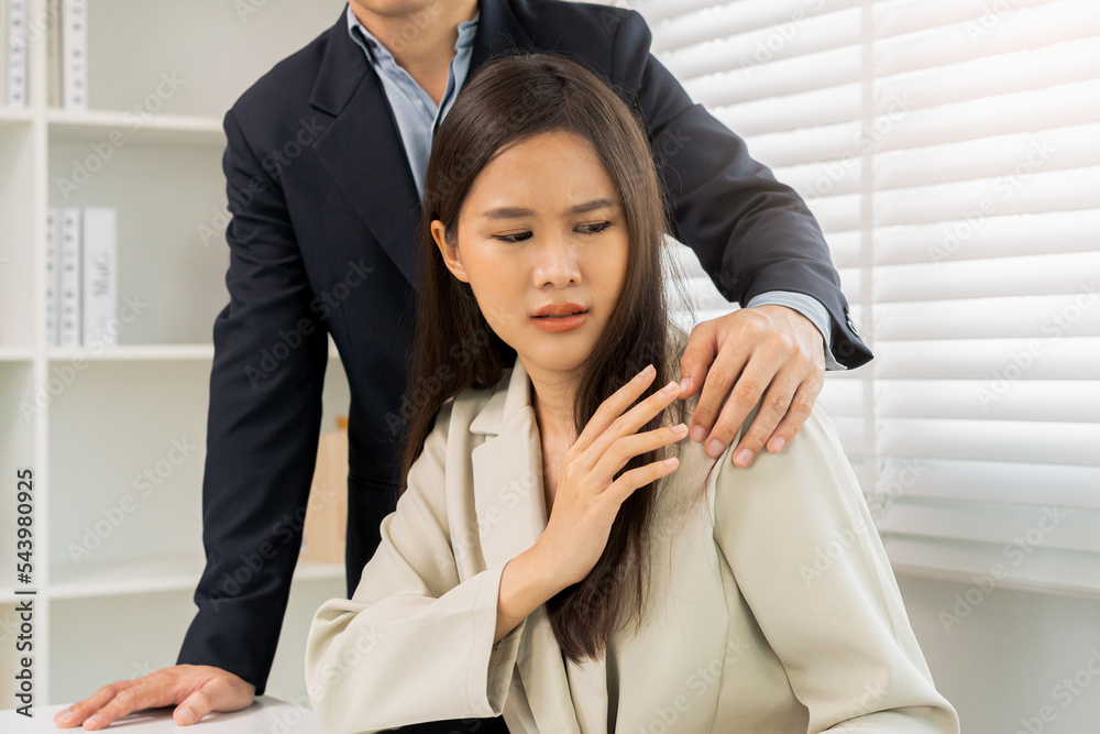 Unhappy, disgusted asian young employee, business woman defending hand ...