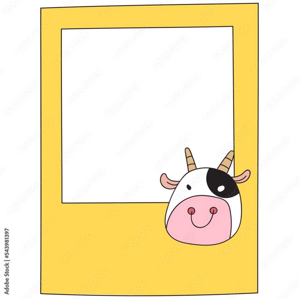 Polaroid frame with cute cow vector illustration in line filled design ...