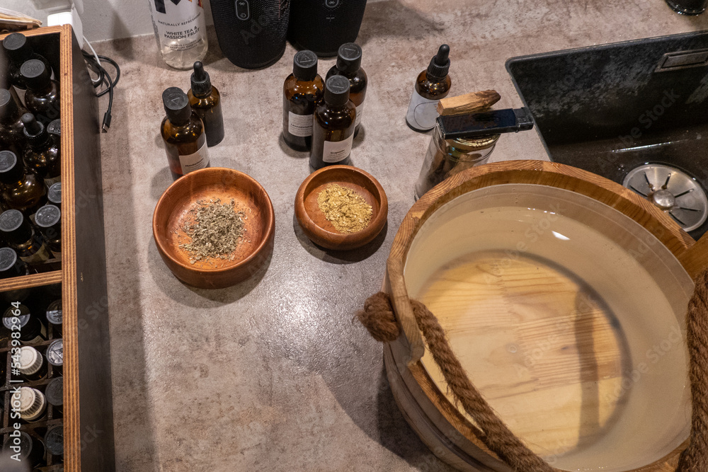 Copenhagen, Denmark Scents, bowls and spices for use in the traditional ...