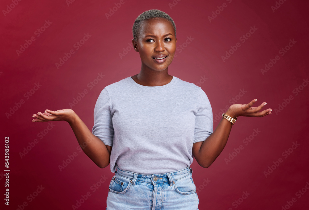 Confused, question and why black woman on studio red background, body ...