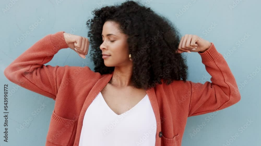 Strong, portrait and black woman flexing arms for power, muscle and ...