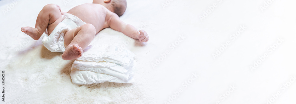 Diaper change newborn kid banner. Happy cute infant baby in nappy ...