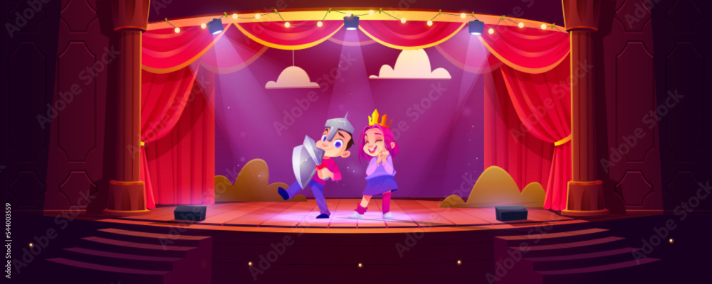 Children actors play on theater scene with red curtains, columns and ...