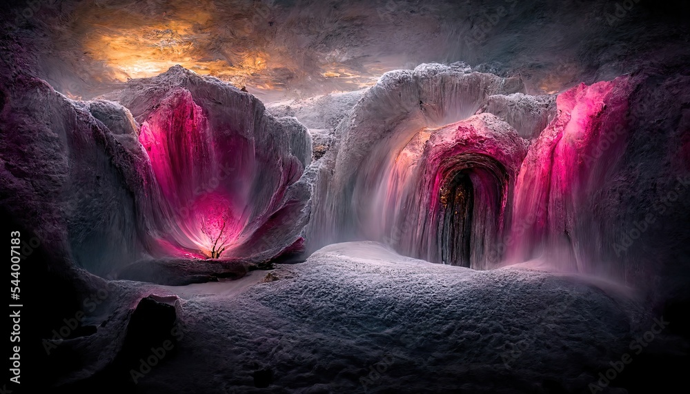 Dark cave with magical colorful neon light. Glow reflection, mirrored ...