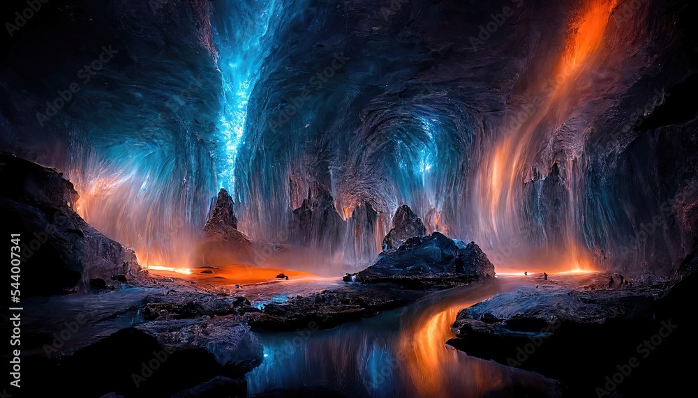 Dark cave with magical colorful neon light. Glow reflection, mirrored ...