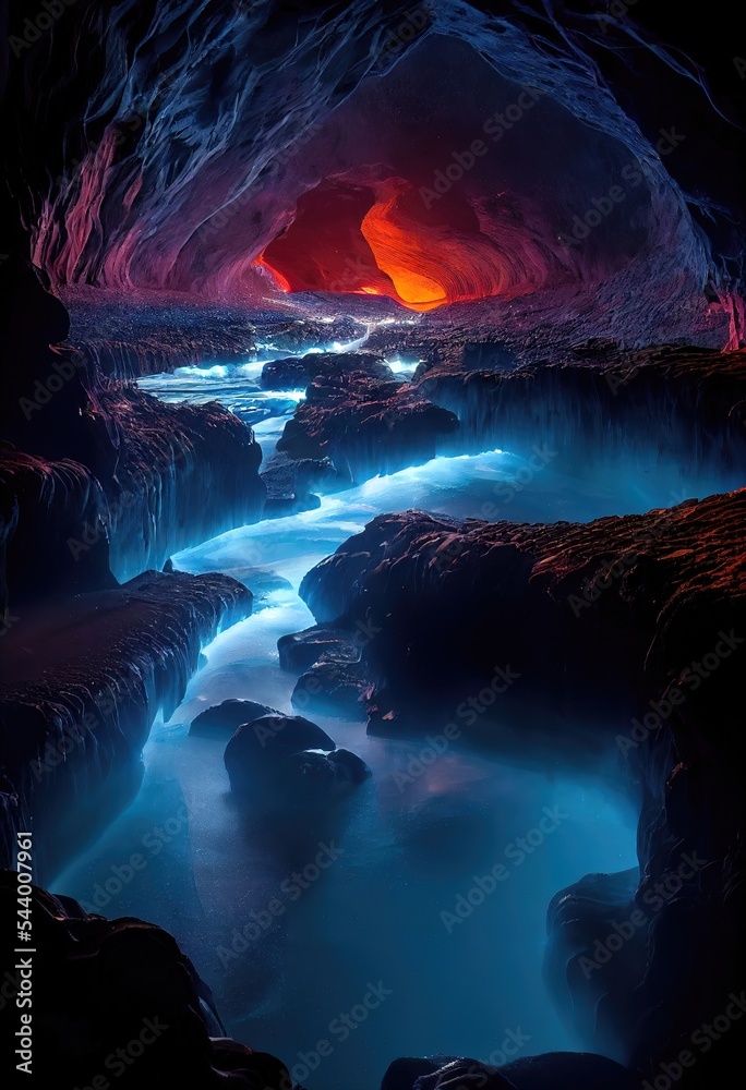 Dark cave with magical colorful neon light. Glow reflection, mirrored ...