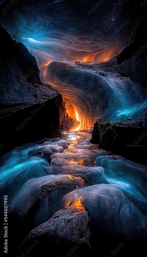 Dark cave with magical colorful neon light. Glow reflection, mirrored ...