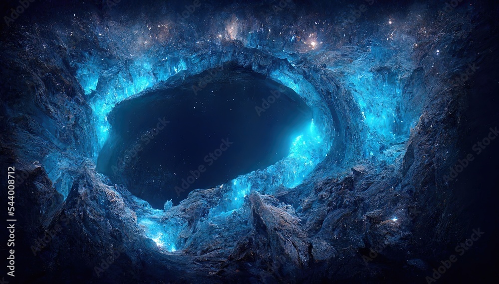 Dark ice cave, magical light, portal. Ice walls, glow. A cut of a stone ...