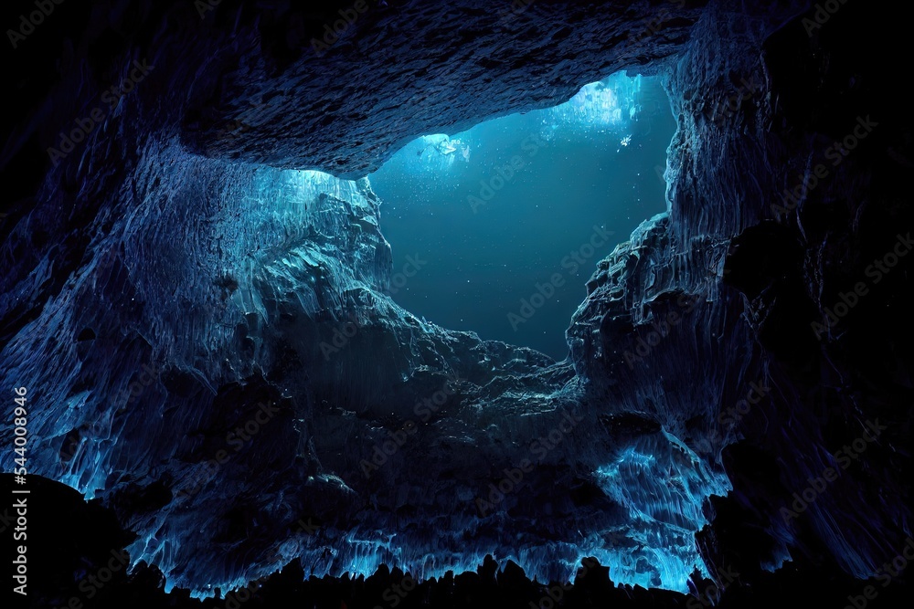 Dark ice cave, magical light, portal. Ice walls, glow. A cut of a stone. Fantasy abstract night ...