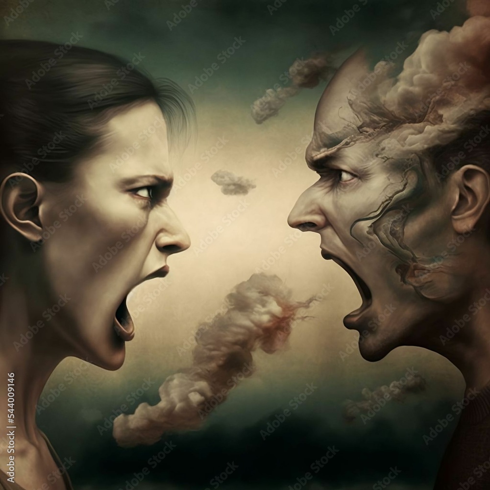 Two Figures Side Profiles Fighting Yelling Screaming Mental Health ...