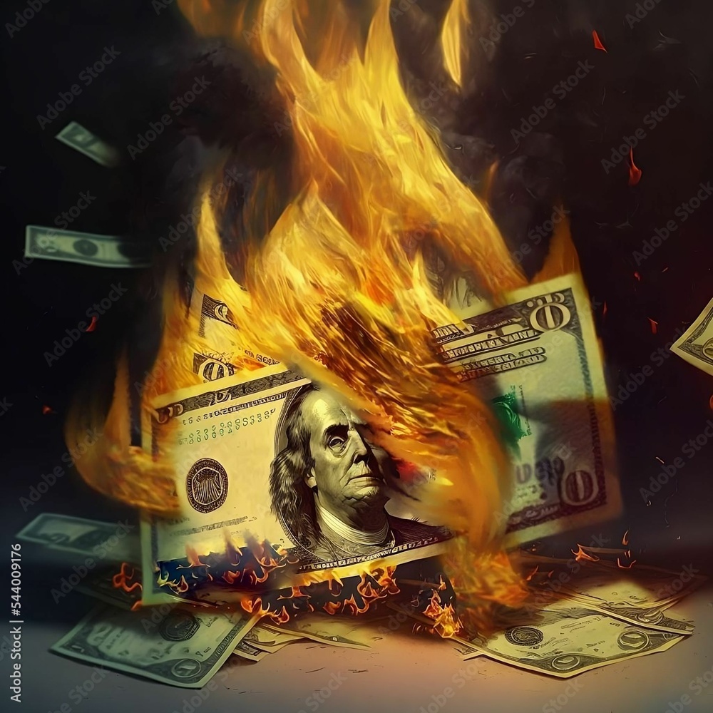 Money Falling From The Sky On Fire Flames Burning On Dark Background ...