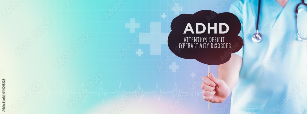 Attention deficit hyperactivity disorder (ADHD). Doctor holding sign ...