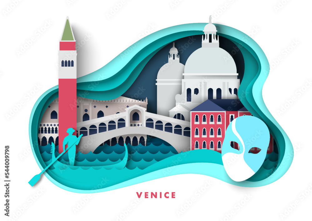 Venice city vector travel paper cut poster Stock Vector | Adobe Stock