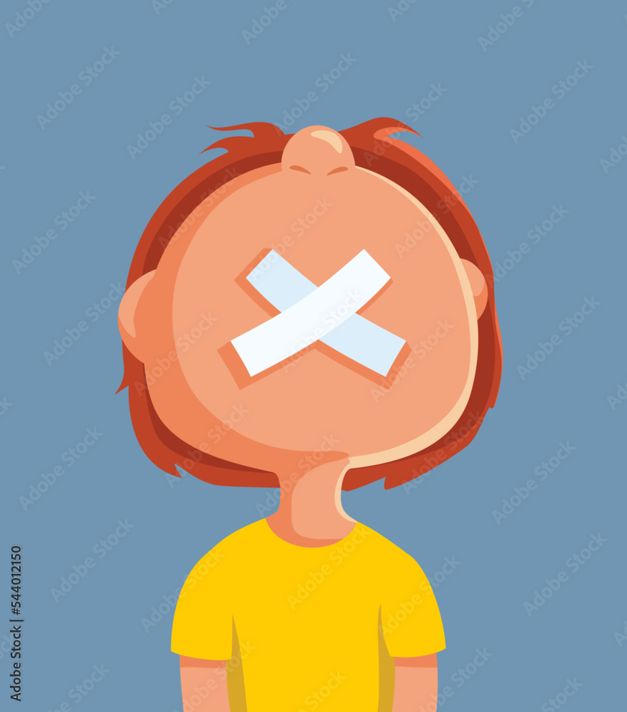 Vetor de Silenced Boy with Plaster on his Mouth Vector Cartoon ...