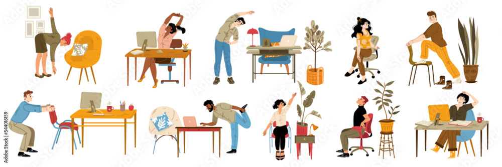 Office employees exercise at work, stretch near the desk isolated set ...