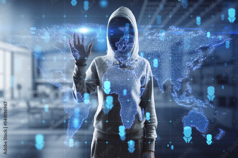 Hacker hand using abstract glowing map hologram on blurry office interior background. Digital ...