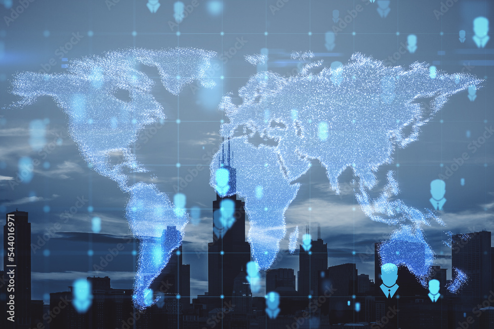 Abstract glowing map hologram on blurry city texture. Digital world ...